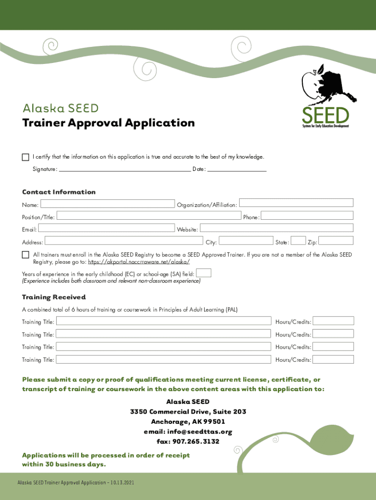 Fillable Online Alaska SEED Trainer and Training Approval System Fax ...