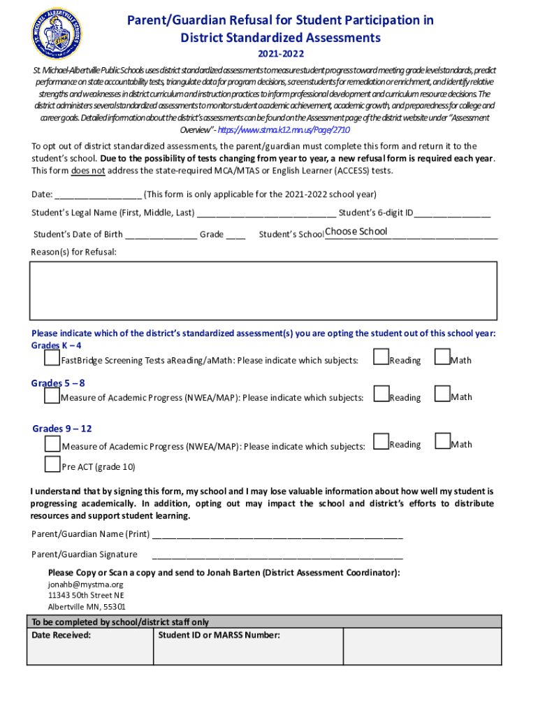 Fillable Online Parent/Guardian Refusal for Student Participation in ACT ... Fax Email Print ...