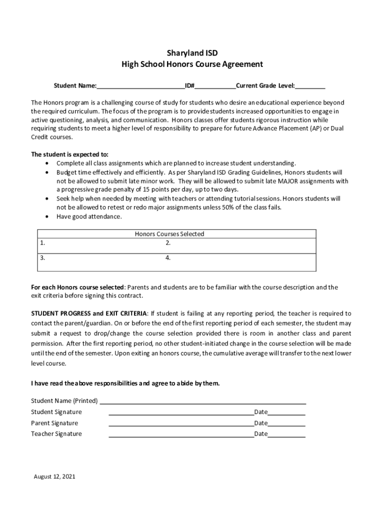 Fillable Online Sharyland ISD High School Honors Course Agreement Fax ...