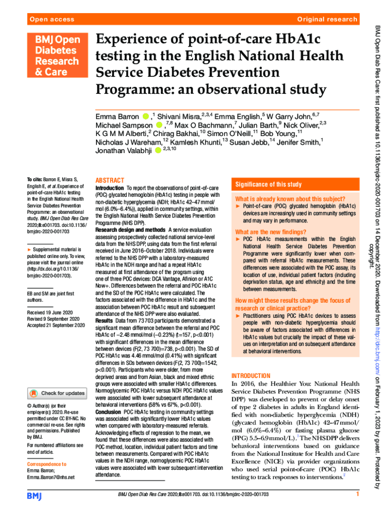 Fillable Online Experience of point-of-care HbA1c testing in the ...