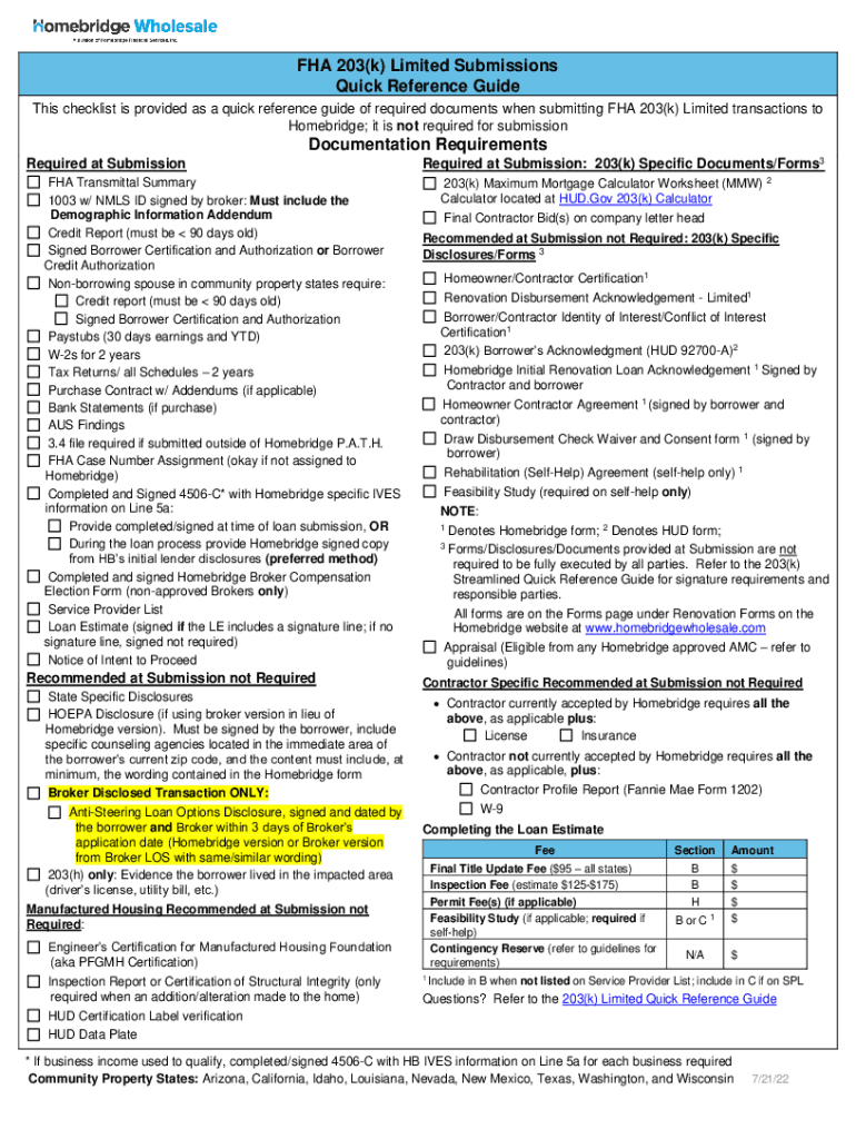 Fillable Online FHA 203(k) Limited Submissions Quick Reference Guide ...