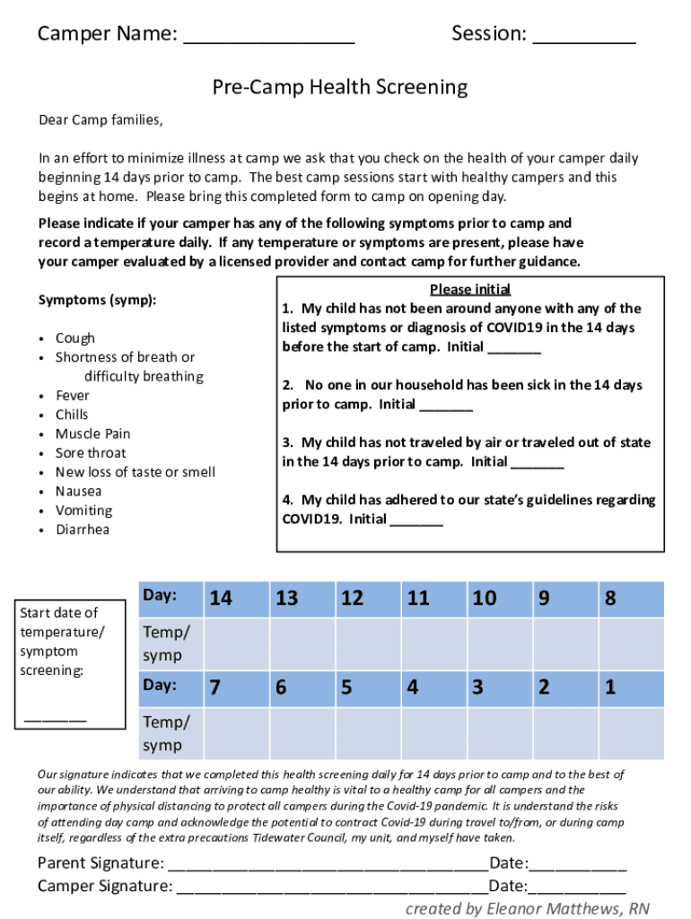 Fillable Online SUMMER'S BEST TWO WEEKS Pre-Camp Health Check ... Fax ...