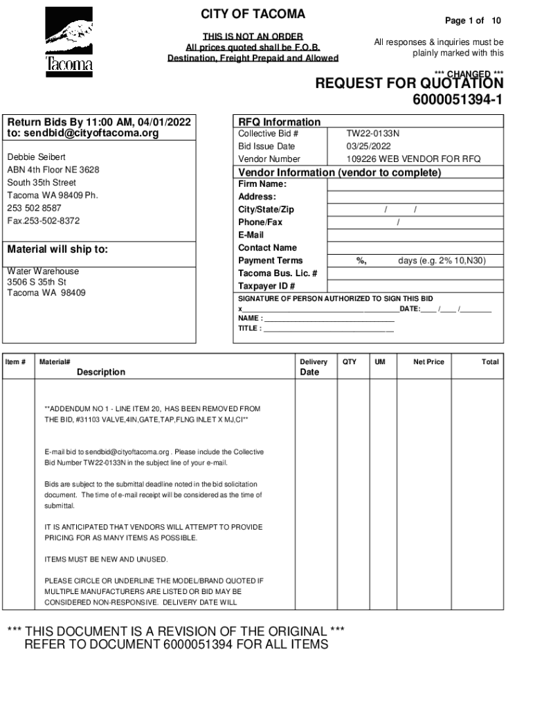 Fillable Online REQUEST FOR QUOTATION 6000039576 - City of Tacoma Fax ...