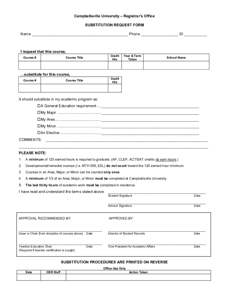 Fillable Online Registrar's Office SUBSTITUTION REQUEST FORM Name Fax Email Print - pdfFiller