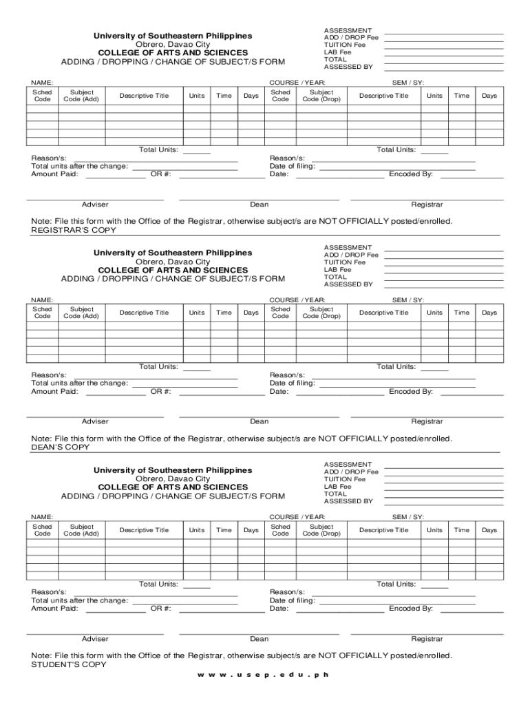 Fillable Online Adding / Dropping / Change of Subject/s Form Fax Email ...