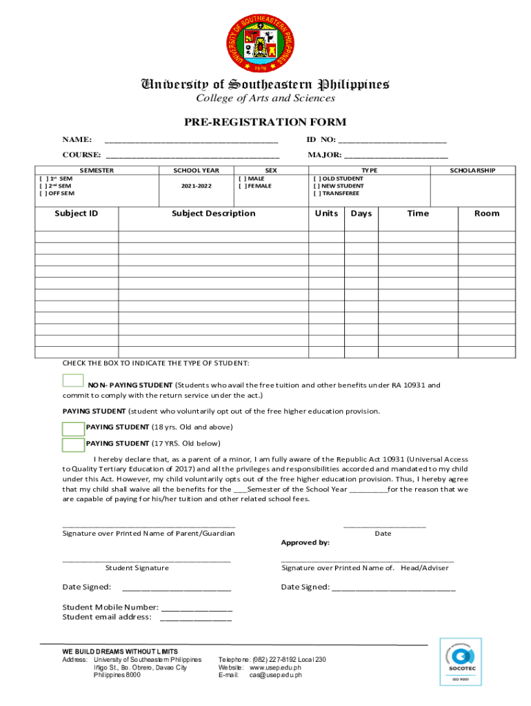 Fillable Online Pre-Registration Form - University of Southeastern ...