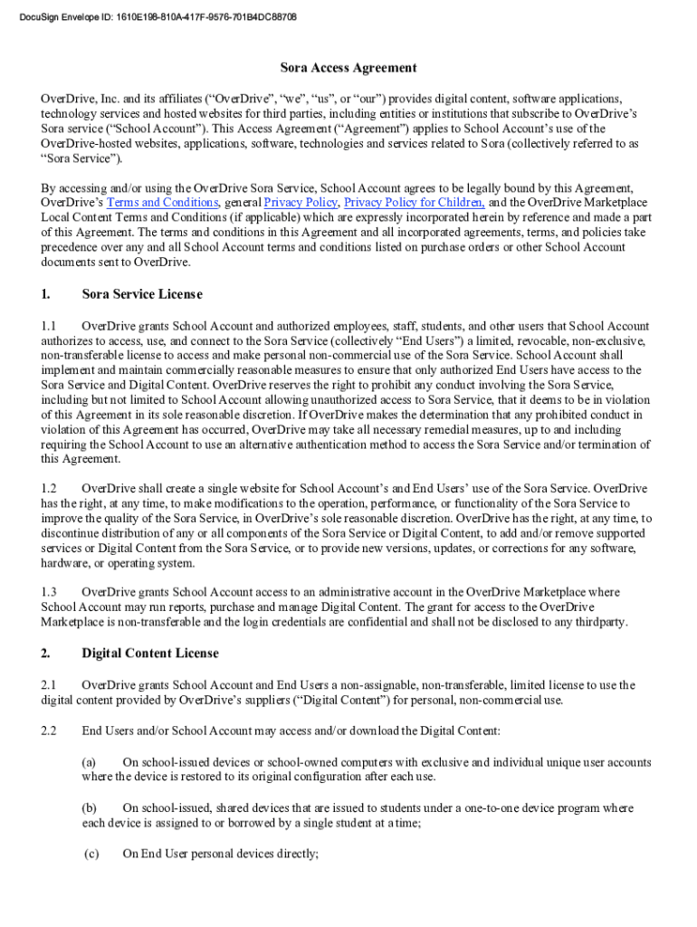 Fillable Online Sora Access Agreement 1. Sora Service License 2 ...