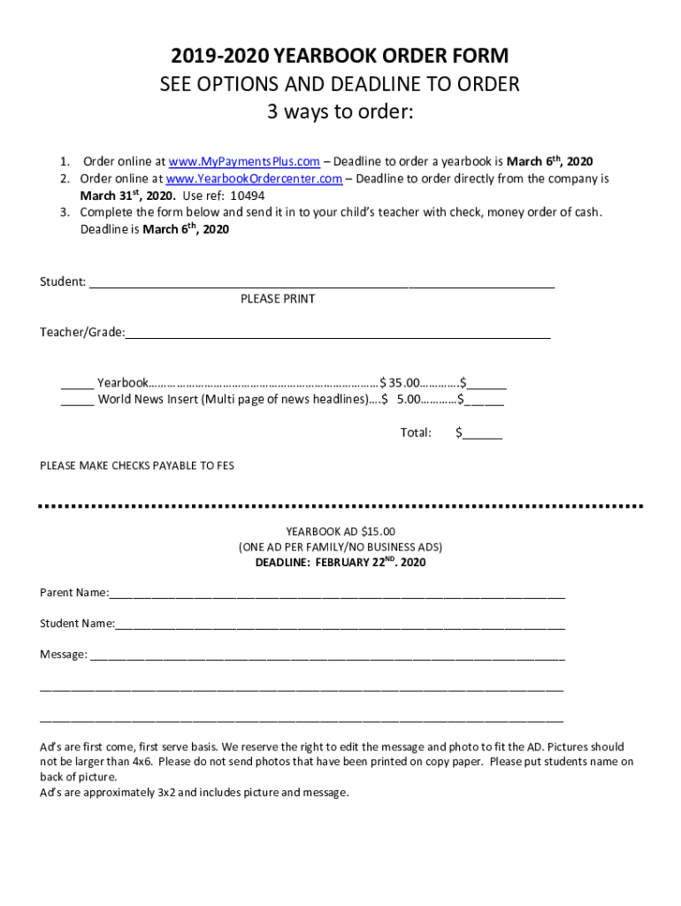 Fillable Online 2019-2020 Yearbook Order Form Thank you for your order ...