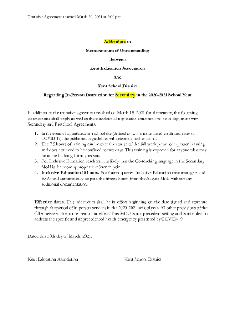 Fillable Online KEA MOU Addendum Regarding In-Person Instruction for ...
