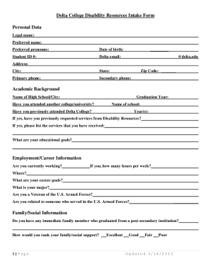 Fillable Online Delta College Disability Resources Intake Form Personal ...