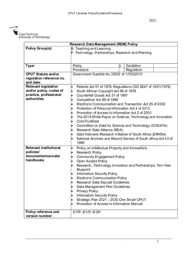 Fillable Online CPUT Libraries Statement on Sharing Research Data and ...