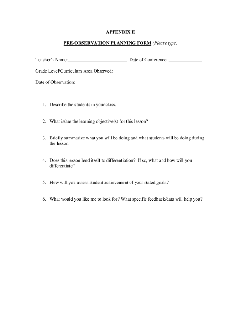 Fillable Online APPENDIX E PRE-OBSERVATION PLANNING FORM (Please ...