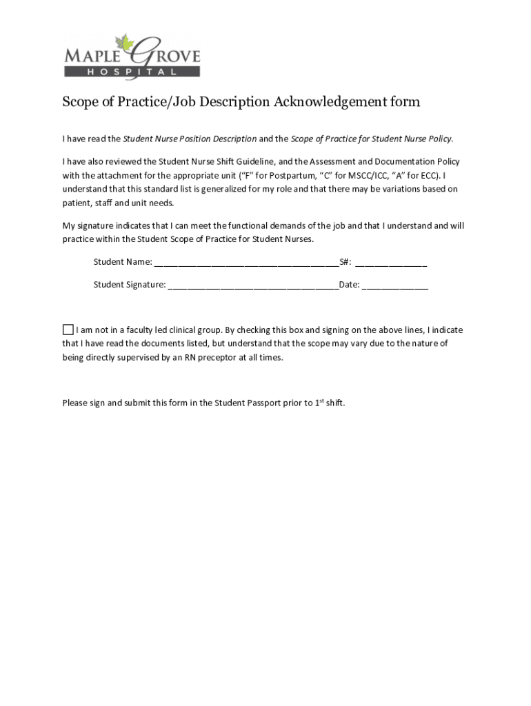 Fillable Online Scope of Practice/Job Description Acknowledgement form ...