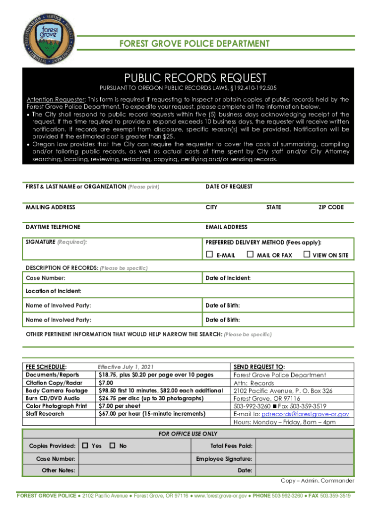 Fillable Online FOREST GROVE POLICE DEPARTMENT Fax Email Print - pdfFiller