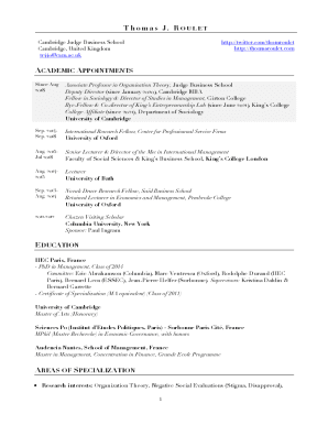Fillable Online Thomas Roulet - CV - Cambridge Judge Business School ...