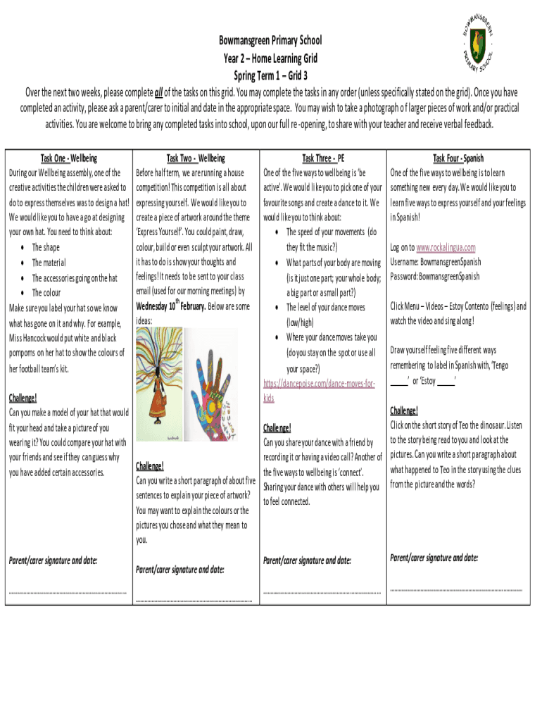 Fillable Online bowmansgreen herts sch Home Learning Grid ...
