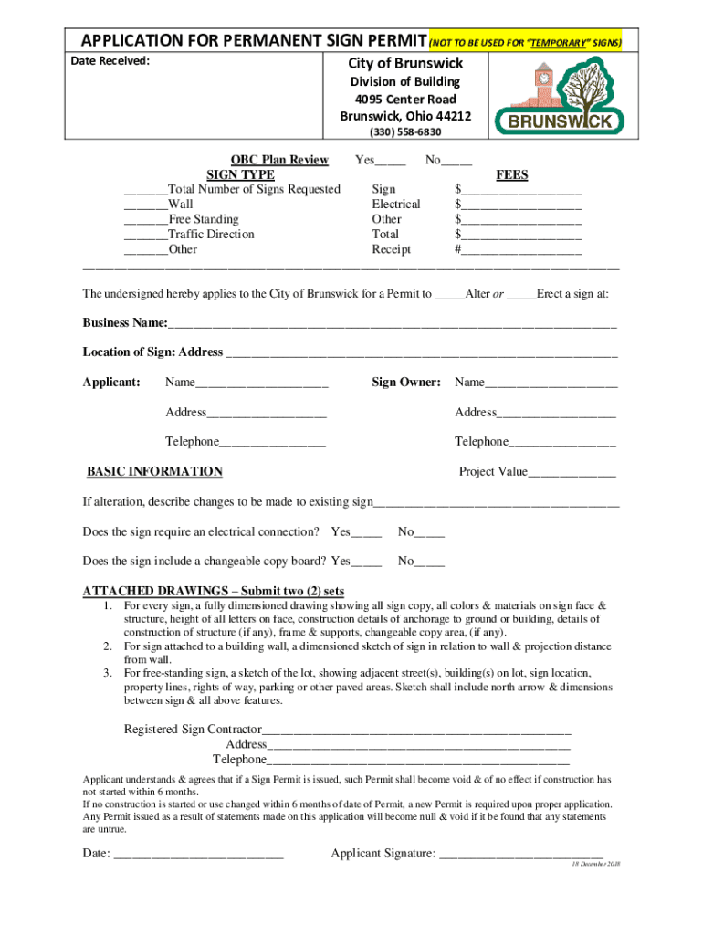 Fillable Online APPLICATION FOR PERMANENT SIGN PERMIT(NOT TO BE ... Fax ...