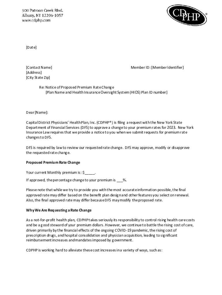 Fillable Online Notice of Proposed Premium Rate Change Product Name and ...