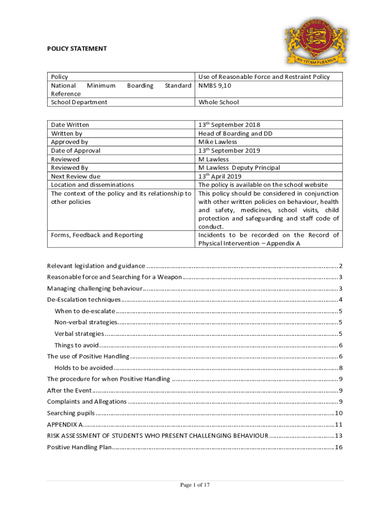 Fillable Online use of reasonable force in restraint of students ...