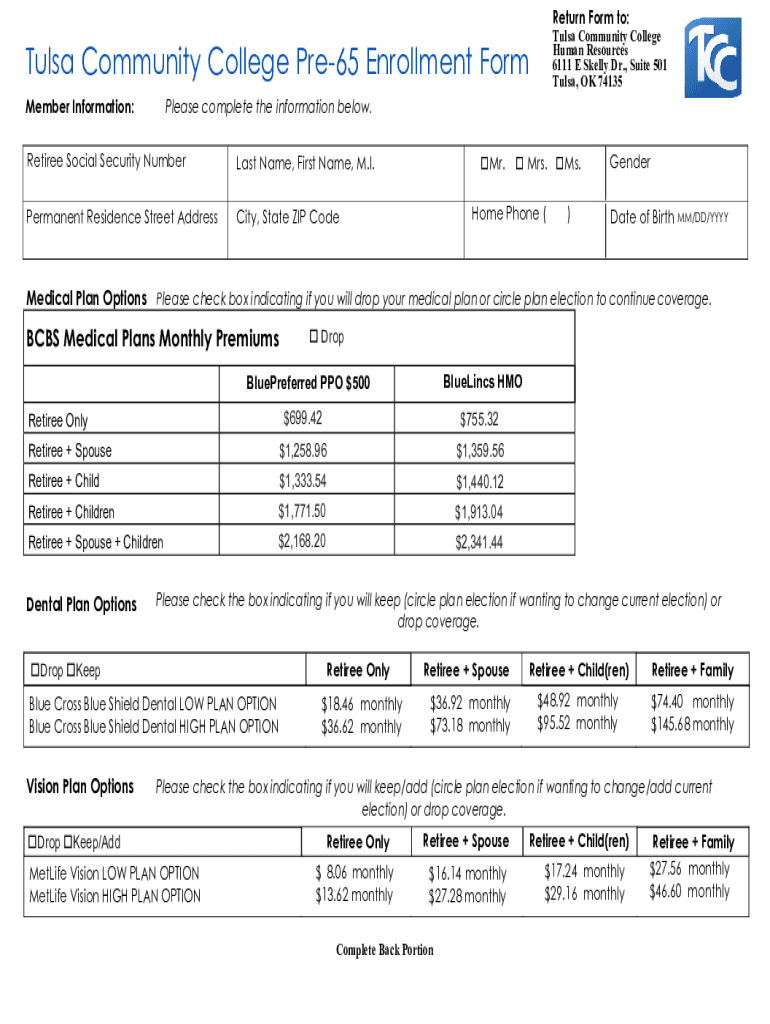 Fillable Online Tulsa Community College Over 65 Enrollment Form Fax Email Print - pdfFiller