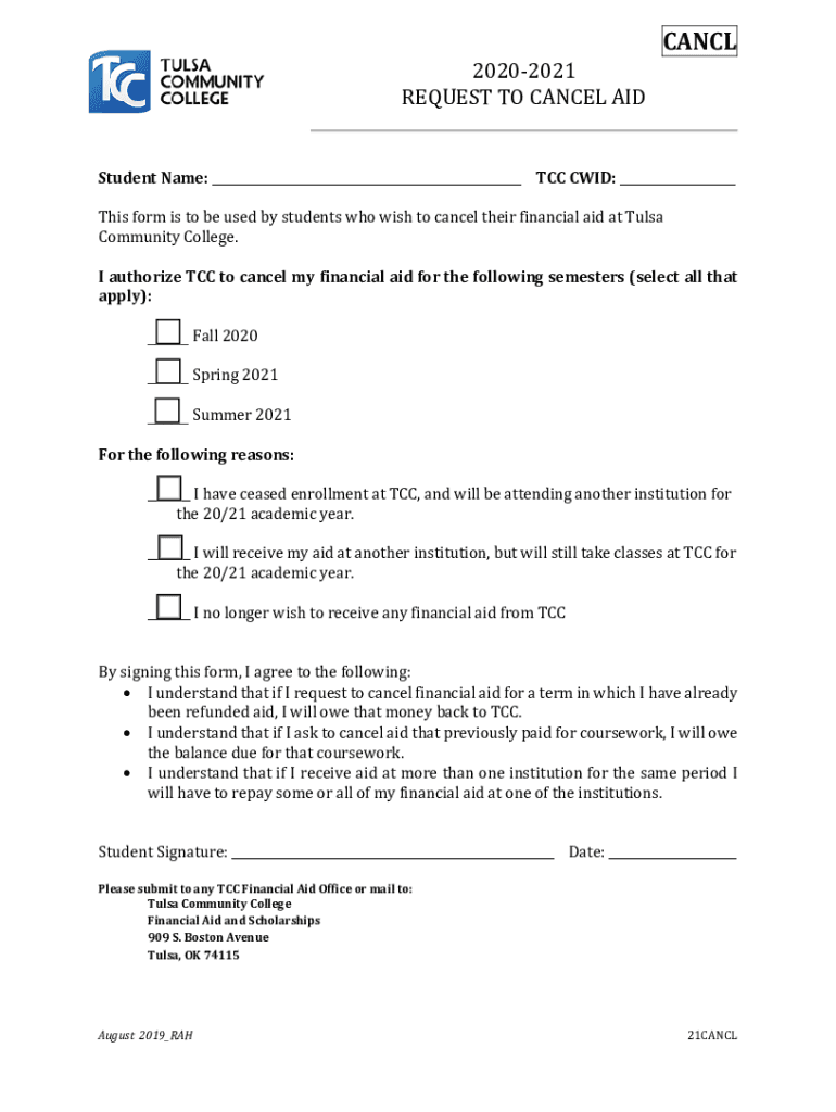 Fillable Online CANCL - Tulsa Community College Fax Email Print - pdfFiller