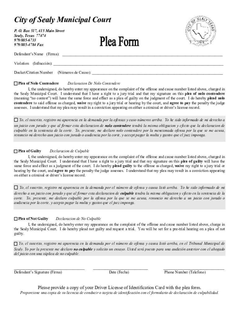 Fillable Online Plea Form EnglishSpanish Fax Email Print - pdfFiller