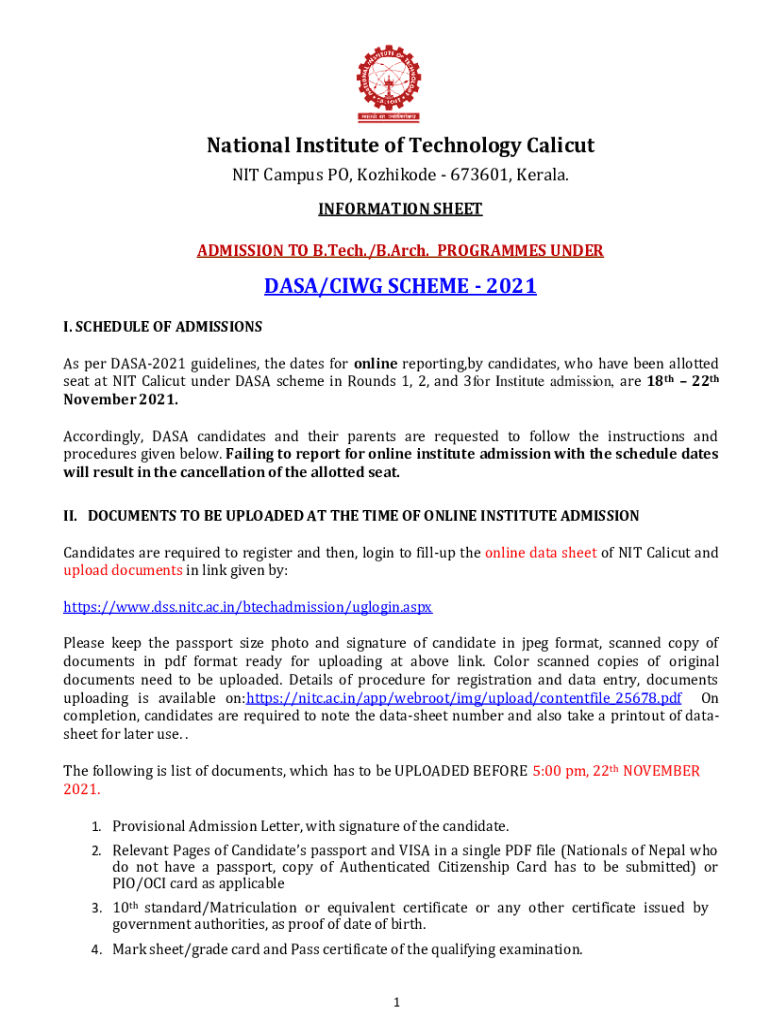 Fillable Online Dasa Information Sheet NitcUniversity And College ...