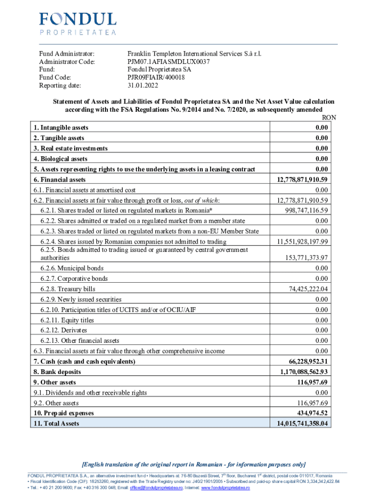 Fillable Online Statement of Assets and Liabilities of Fondul ...