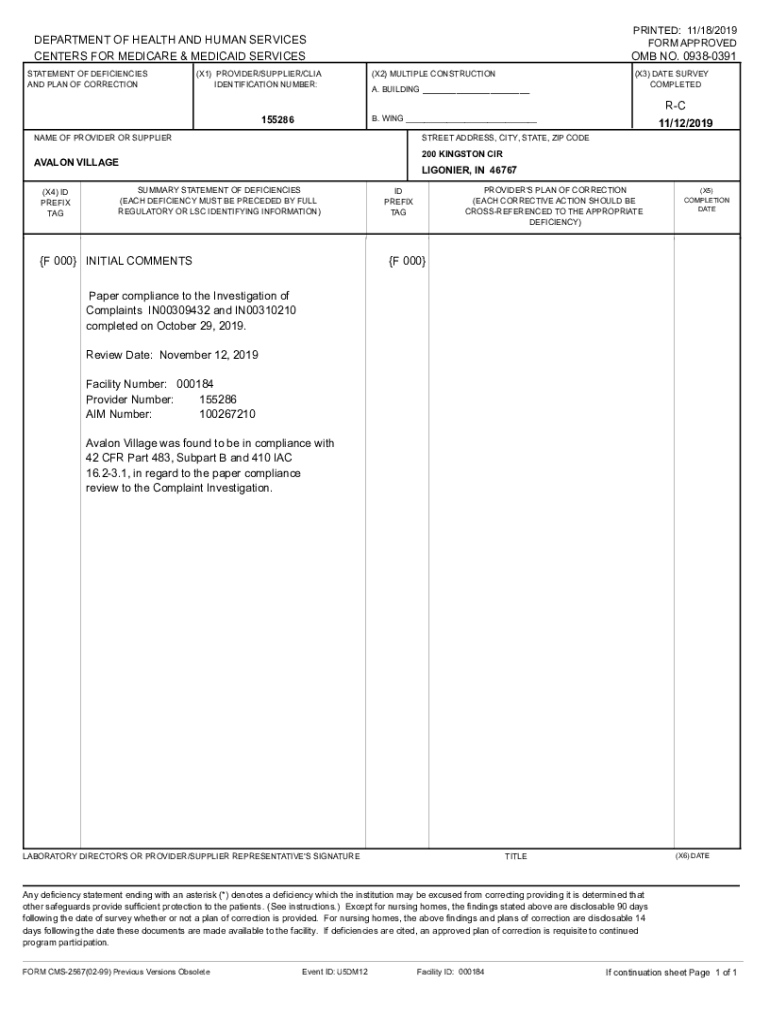 Fillable Online 12/2/2019 form approved omb no. 0938-0391 department of ...
