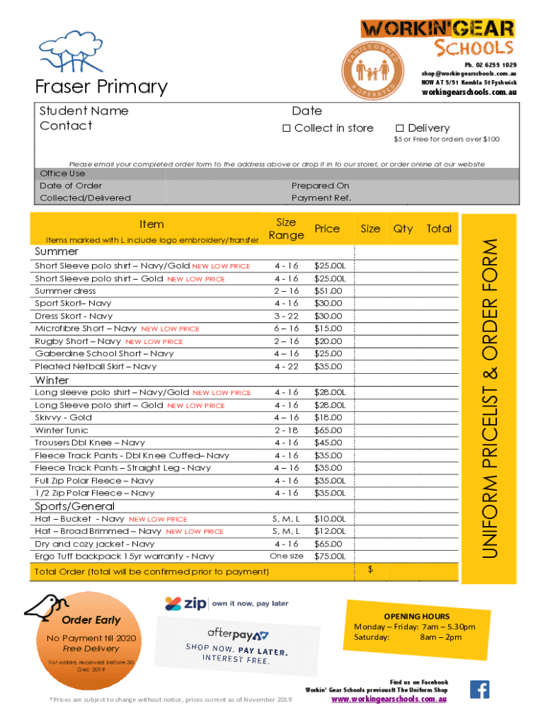 Fillable Online Fraser Primary UNIFORM PRICELIST & ORDER FORM Fax Email ...