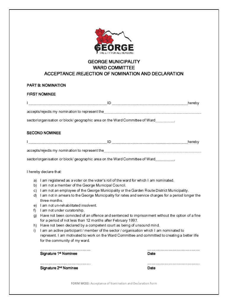 Fillable Online Form WC02ACCEPTANCE OF NOMINATION AND DECLARATION Fax ...
