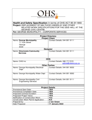 Fillable Online Health and Safety Specification In terms of OHS ACT 85 ...