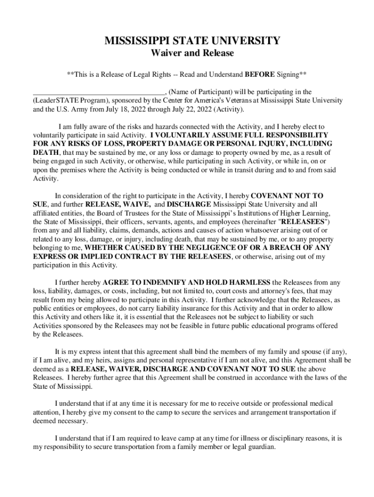 Fillable Online Template Waiver for Adults - Mississippi State ...