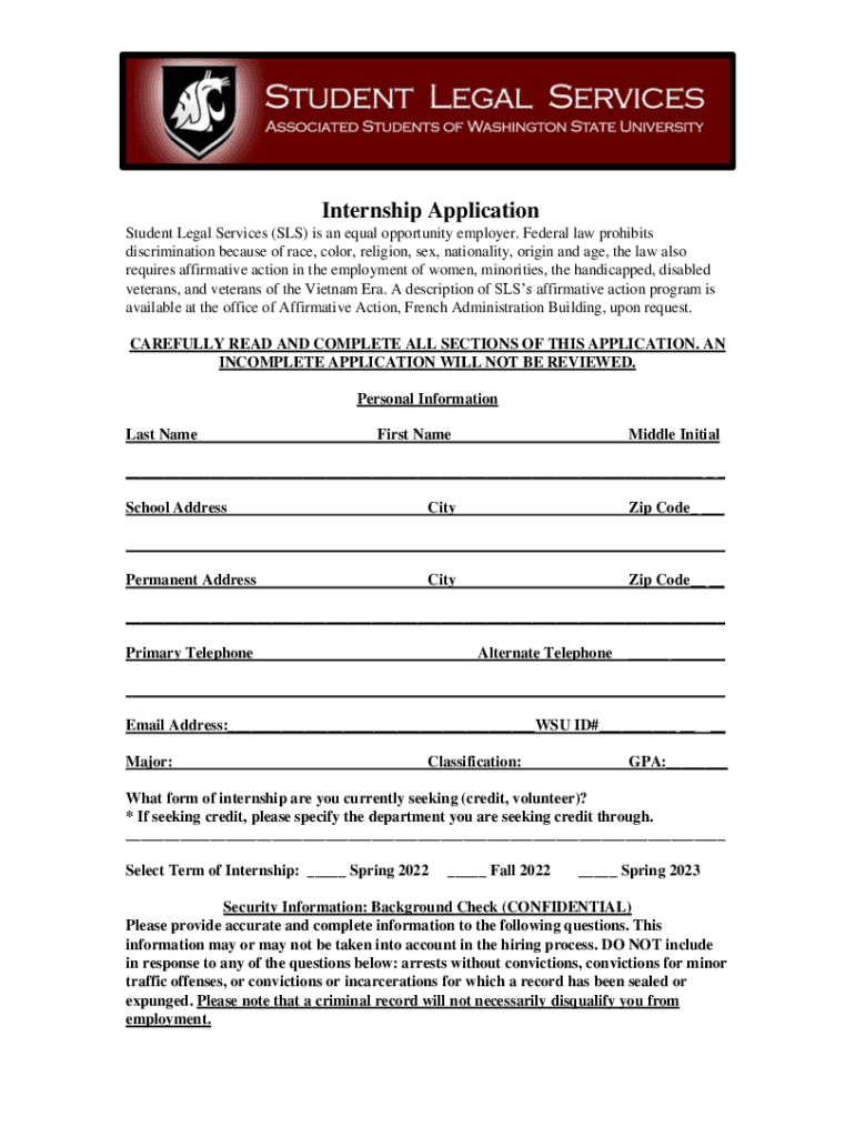 Fillable Online Internship Application - WSU Student Legal Services Fax Email Print - pdfFiller