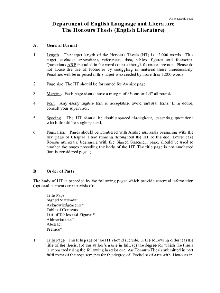 Fillable Online Honors in English Literature: Department of English Fax ...