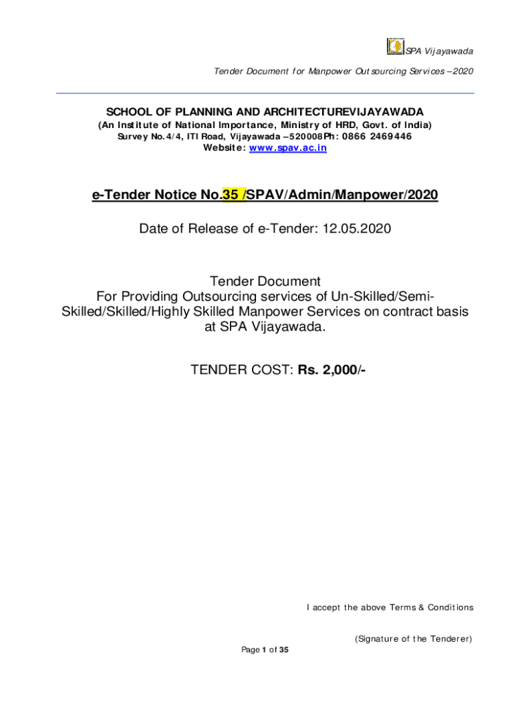 Fillable Online spav ac e-Tender Notice No.35 /SPAV/Admin/Manpower/2020 ...