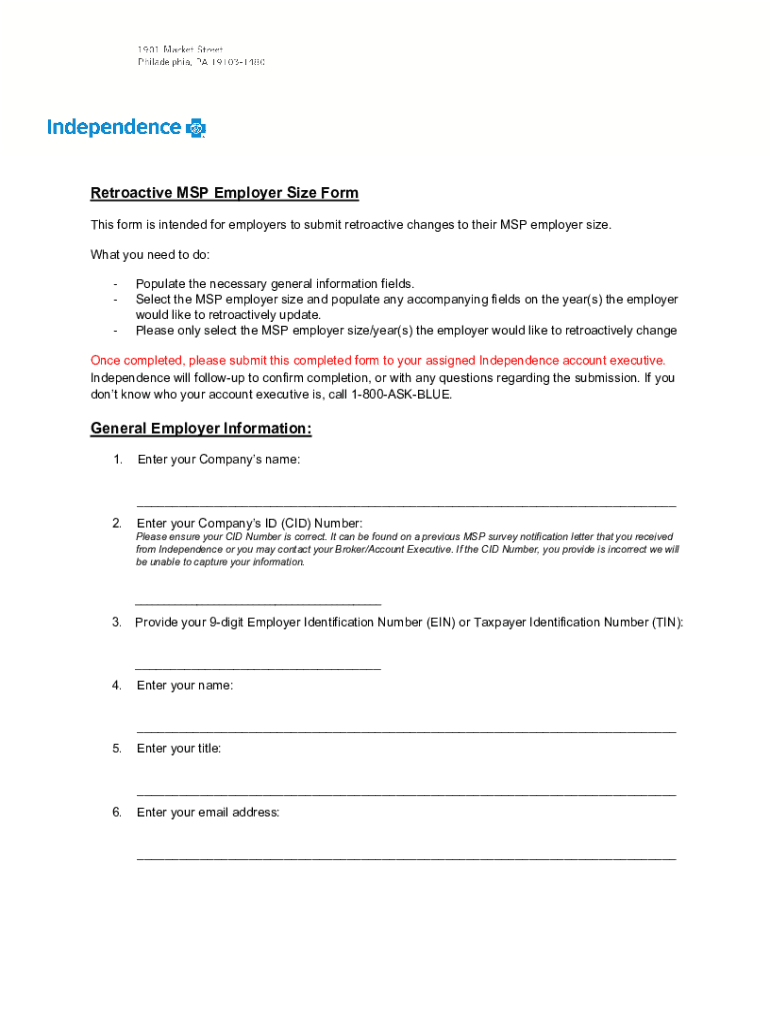 Fillable Online Retroactive MSP Employer Size Form - AmeriHealth Fax ...
