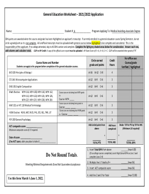 Fillable Online General Education Worksheet 2021/2022 Application Fax ...