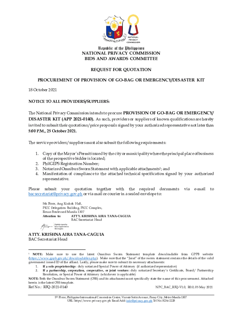 Fillable Online REQUEST FOR QUOTATION PURCHASE OF FIRST AID KIT Fax ...