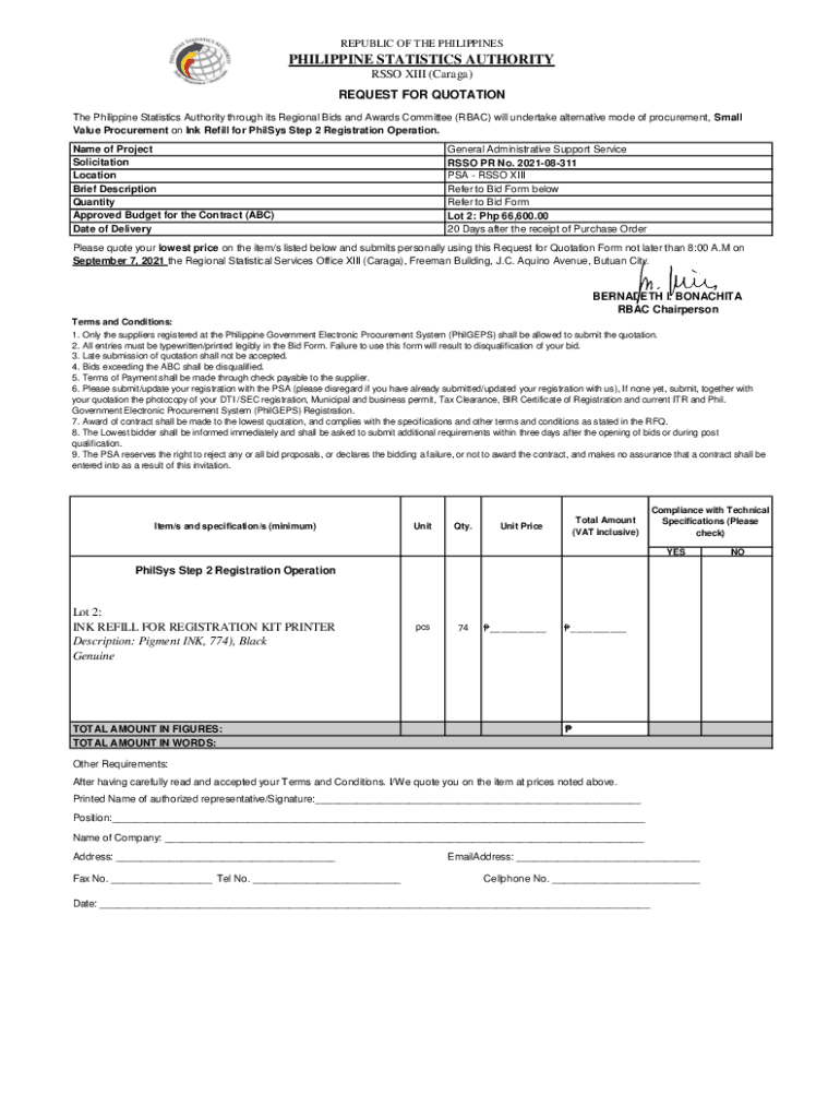 Fillable Online Value Procurement on Ink Refill for PhilSys Step 2 Registration Operation Fax ...