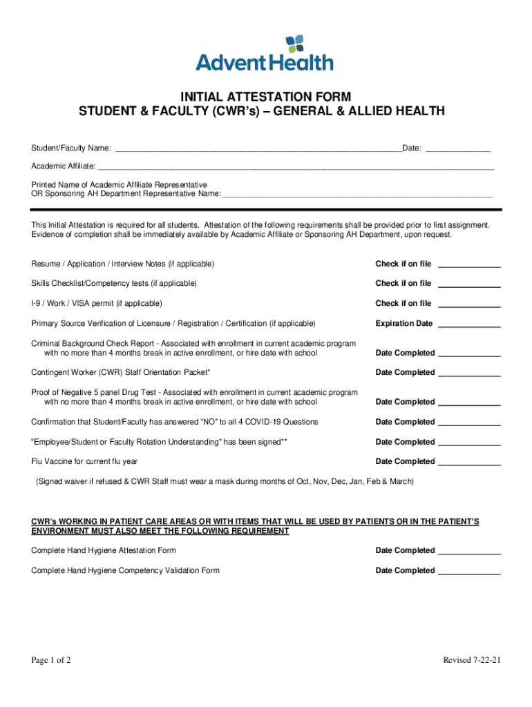 Fillable Online INITIAL ATTESTATION FORM STUDENT & FACULTY (CWR's) Fax ...