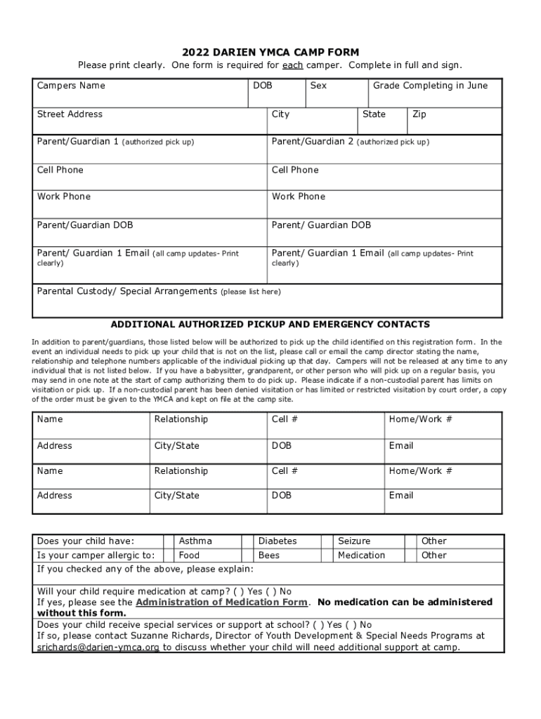 Fillable Online 2022 DARIEN YMCA CAMP FORM Fax Email Print - pdfFiller