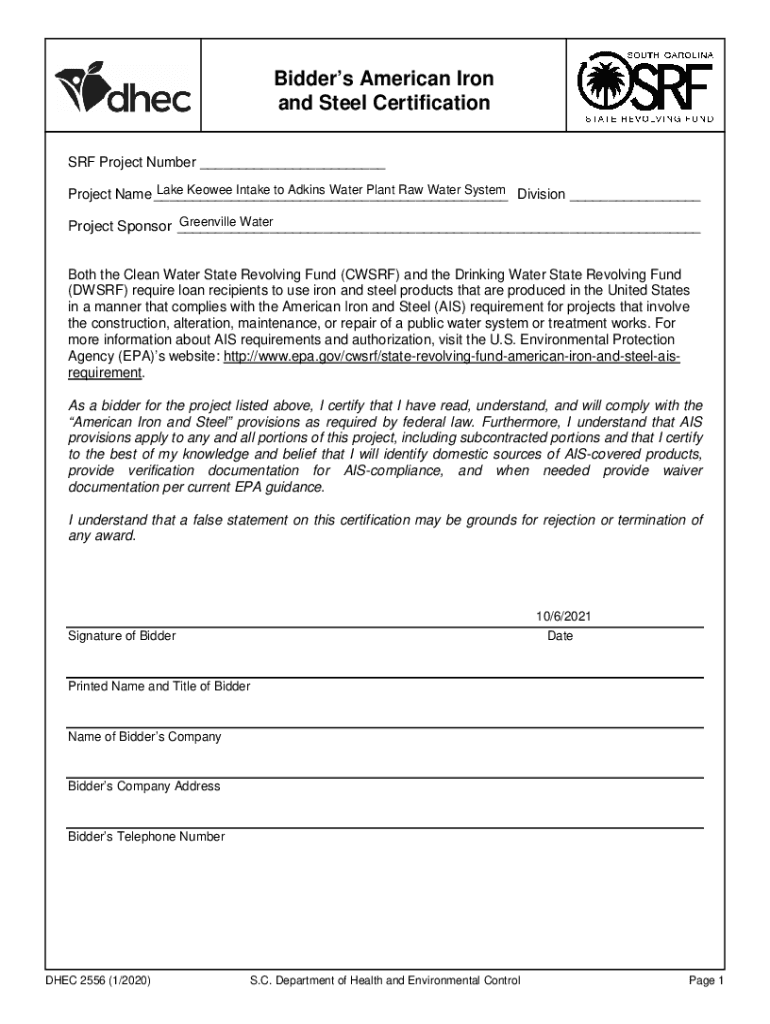 Fillable Online State Revolving Fund (SRF) Program - SCDHEC Fax Email ...