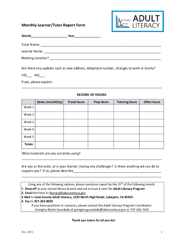 Fillable Online Monthly Learner/Tutor Report Form Fax Email Print ...