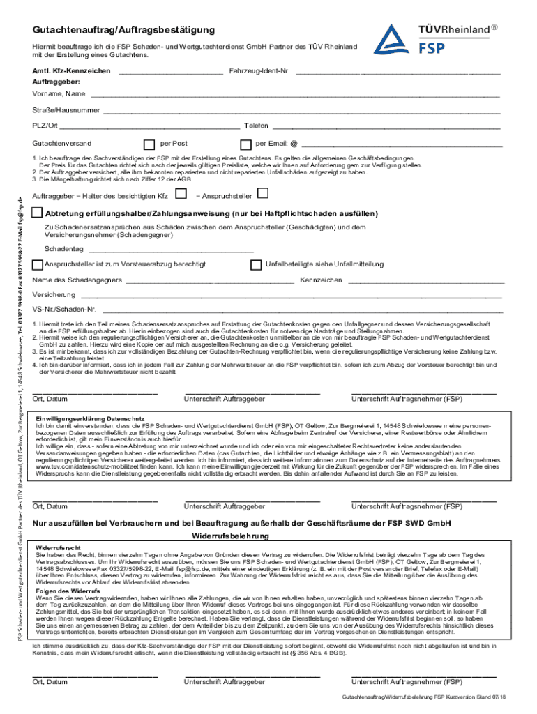 Fillable Online Hiermit beauftrage ich die FSP Schaden- und ...