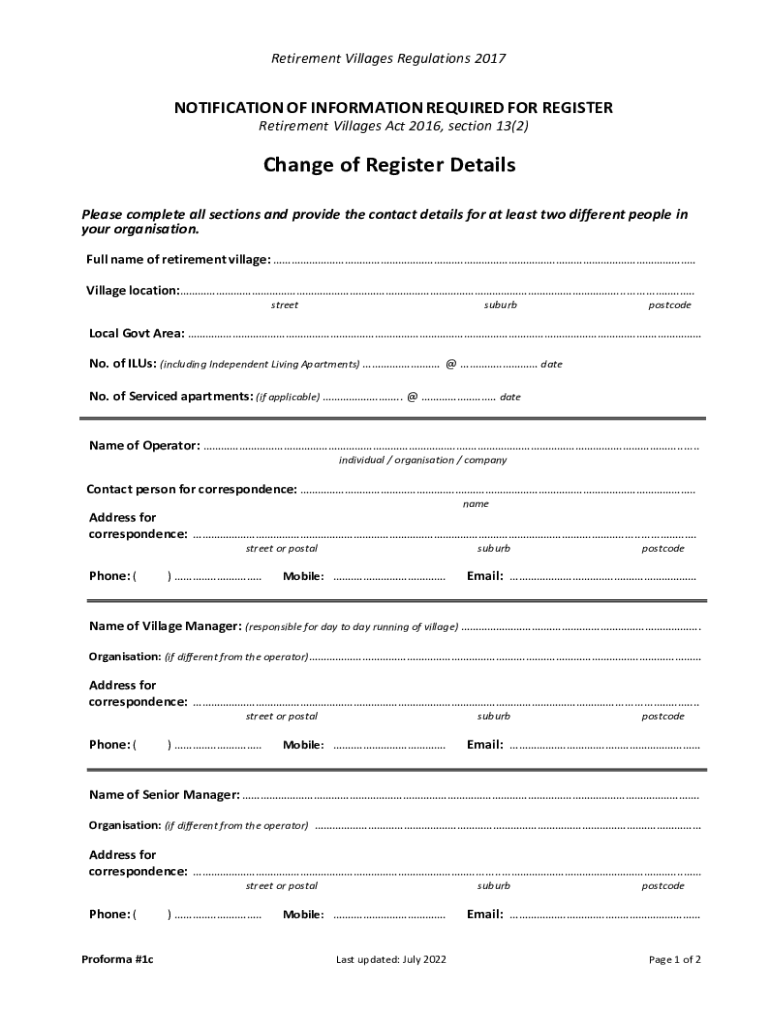 Fillable Online Retirement Villages Proforma 1b Notification of Information Required for ...