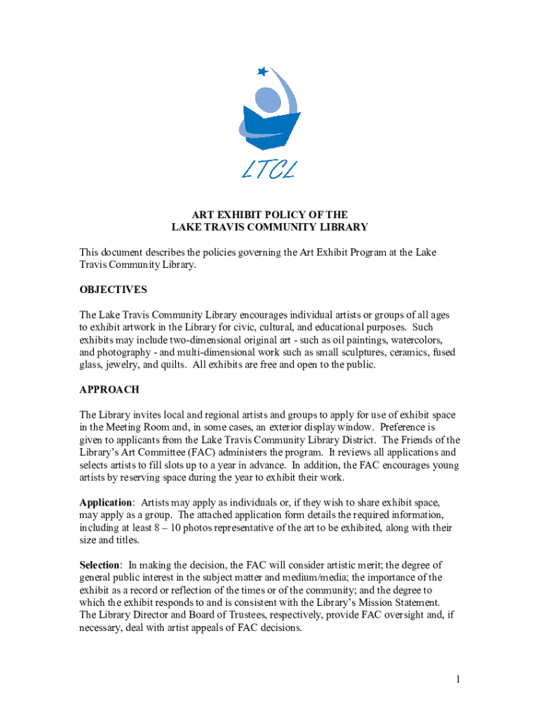 Fillable Online art exhibit policy of the - Lake Travis Community ...
