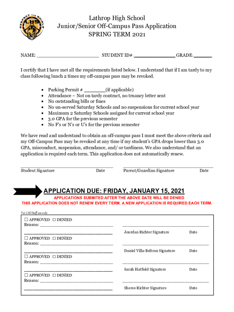 Fillable Online Off Campus Lunch Pass - Pioneer High School Fax Email ...