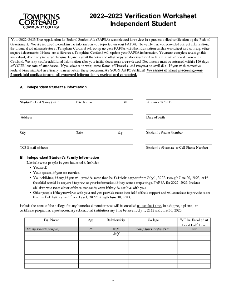 Fillable Online 2022-2023 Verification Worksheet V-4 Independent Student Fax Email Print - pdfFiller