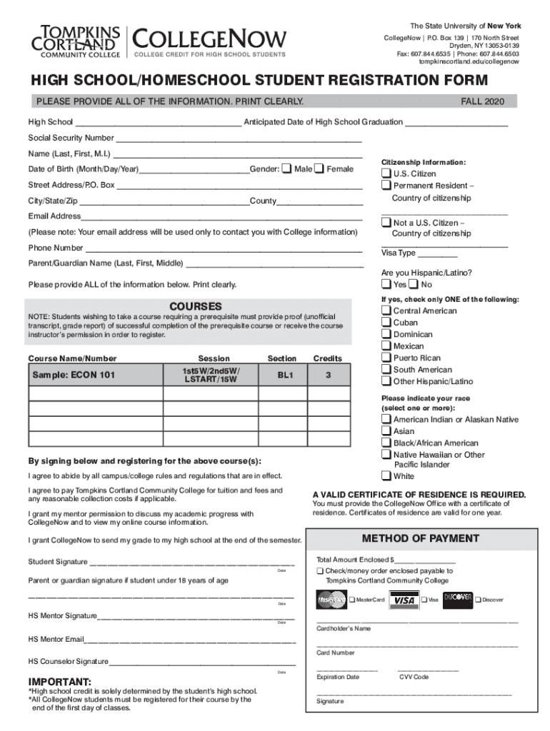Fillable Online HIGH SCHOOL/HOMESCHOOL STUDENT REGISTRATION ... Fax ...